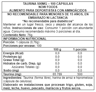 Taurine 500 mg 100 caps - Now Foods - Supletech